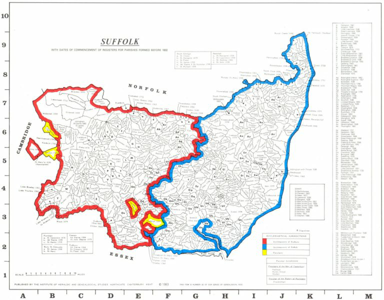 SUFFOLK Parishes Register start date Ecclesiastical jurisdictions;1984 map